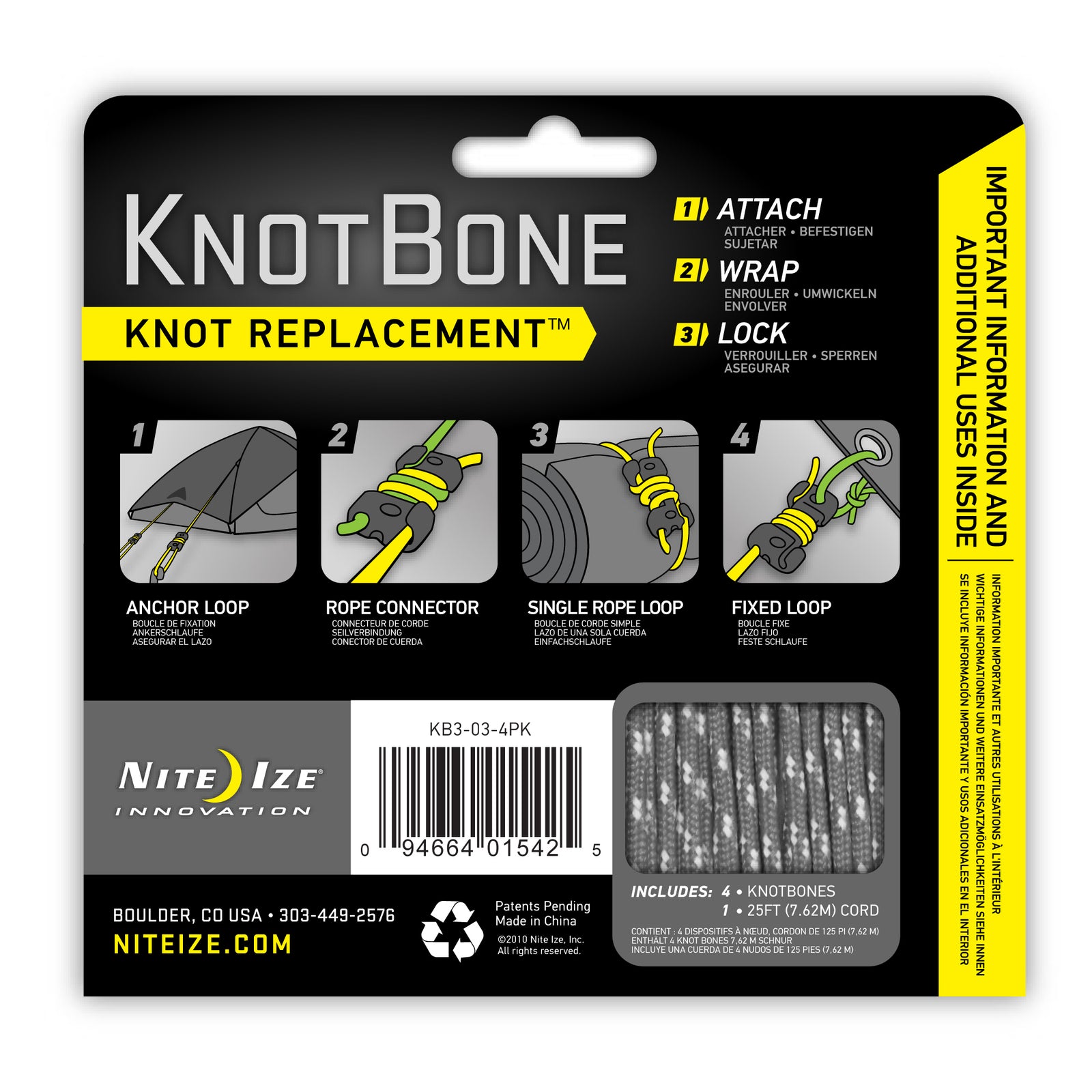 Nite Ize KnotBone #3 - 4pcs pack with Rope